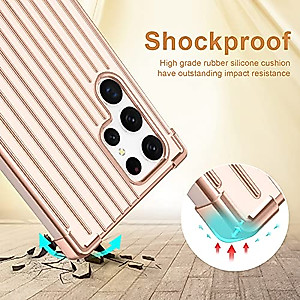 PTUONIU for Samsung Galaxy S22 Ultra Case, Luxury Electroplate Edge Bumper Case Wristband Kickstand Rugged Cover with Fashion Designs for Women Girls,Protective Phone Case for S22 Ultra Rose Gold