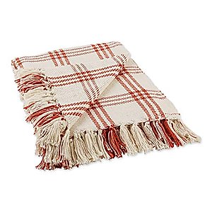 DII Modern Farmhouse Plaid Collection Cotton Fringe Throw Blanket, 50x60, White/Vintage Red