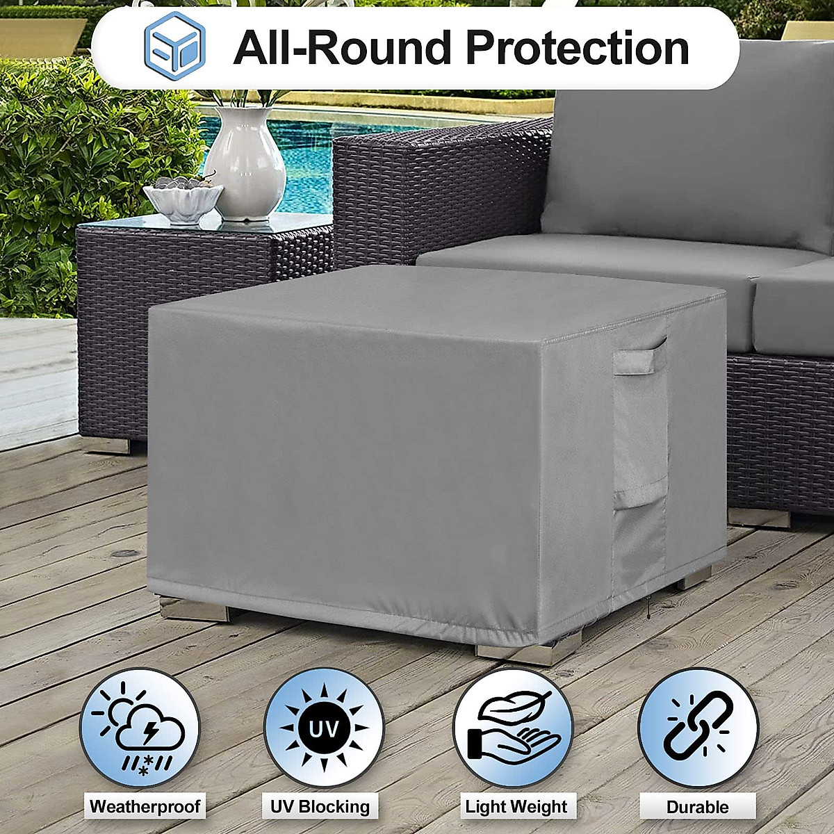 OutdoorLines Outdoor Waterproof Patio Ottoman Covers - Rectangle UV-Proof Patio Side Table Cover Windproof Heavy-Duty Furniture Covering Protector 34L x 24W x 17H Inch, Grey