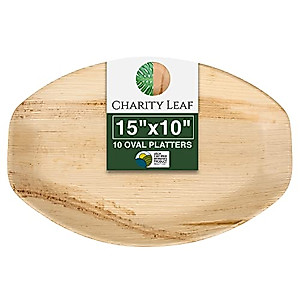 Charity Leaf Disposable Palm Leaf 15" x 10" Trays (10 pieces) Bamboo Like Serving Platters, Disposable Boards, Eco-Friendly Dinnerware For Weddings, Catering, Events