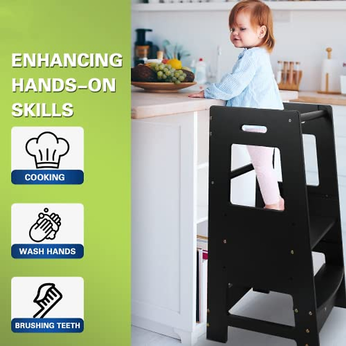 ECOMEX Standing Tower for Toddlers, Toddler Stool for Kitchen Counter Kids Kitchen Step Stool with Safety Rail Toddler Standing Tower with Adjustable Platform for Kitchen Counter, Classic Black
