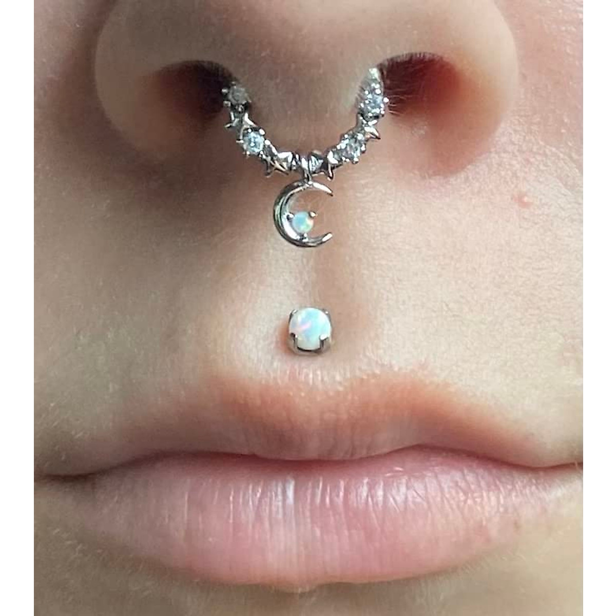 Melighting Septum Rings 16G Moon Septum Jewelry with Opal Clear CZ Surgical Steel 316L Star Helix Earring Dangle Daith Earrings Nose Rings Piercing for Women Men