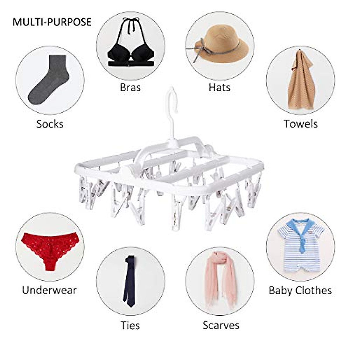 Annaklin Foldable Clip Hangers with 26 Drying Clips, Underwear Hanger with Clips, Plastic Laundry Clip and Drip Drying Hanger for Socks, Bras, Lingerie, Clothes, Sturdy, White
