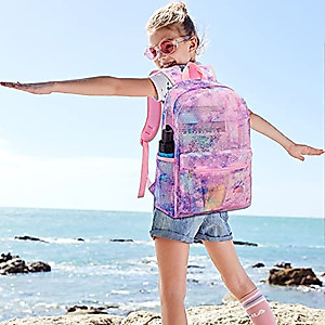 CAMTOP Mesh Backpack for Kids Girls Semi-Transparent See Through Sturdy School Bookbag Casual Daypack for Beach Swim Work Gym (Tie Dye Pink)