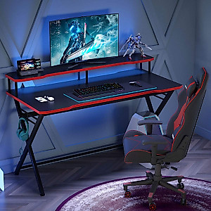 Tribesigns 55 inch Large Gaming Desk for 2 Monitors, Ergonomic PC Gaming Table Gamer Computer Desk with Monitor Stand and Headphone Hook for Home Office