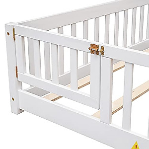 Full Floor Bed for Kids, Montessori Bed Frame with Fence-Shaped Guardrails, Support Slats and Door, Wood Floor Full Bed for Kids,Toddler,Boys Girls, No Box Spring Needed(White, Full Bed Frame)