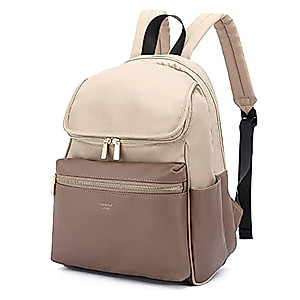 Kah&Kee Backpack for Women Fashion Waterproof School Bag Multiple Compartments 10 Pockets Fake-Leather Nylon Stitching (Light Beige/Beige)