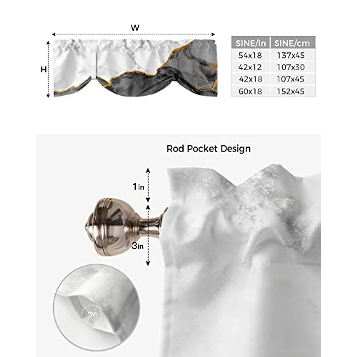 White Black Marble Tie Up Valance for Kitchen Windows, Adjustable Window Valance Kitchen Curtains Window Topper Short Curtain for Living Room, Abstract Gold Liquid Modern Art Rod Pocket Drape 42"x12"