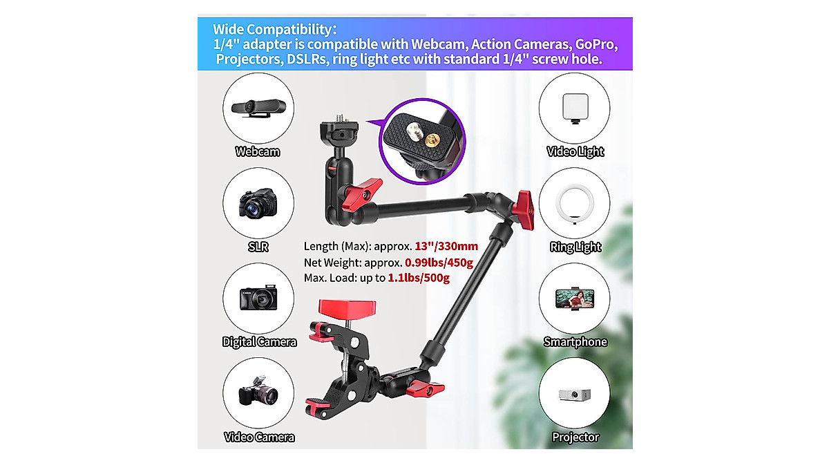 Super Camera Clamp Mount with Articulating Magic Arm 22in, Adjustable ...