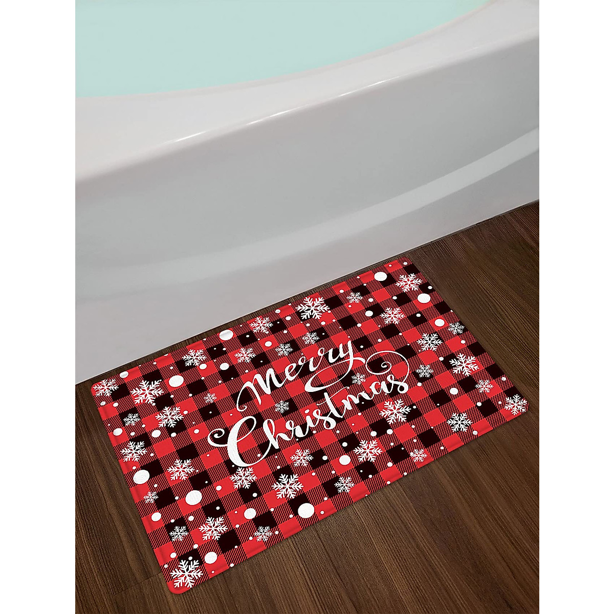 HVEST Christmas Memory Foam Bath Mat, White Merry Christmas on Red and Black Plaid Background Non Slip Bath Rug Kitchen Mat Door Mat Washable Absorbent Bathroom Décor Rug, 16 X 24 Inches