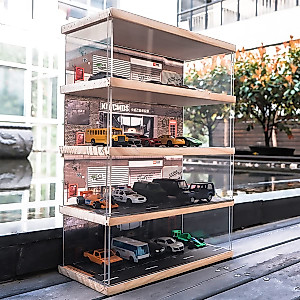 kivcmds 1:64 Scale 4-Tiers Vehicle Model Display Case for Sports Car and Lego Model Collectors, Display Stand for Alloy Car Model Toy with Parking Lot Scene (4-Tiers Auto Repair Store Scene)