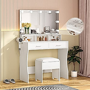 Makeup Vanity White, Clearance Desk with Lighted Mirror & Power Outlet, 3 Lighting Colors, Brightness Adjustable, 31.5in(W)