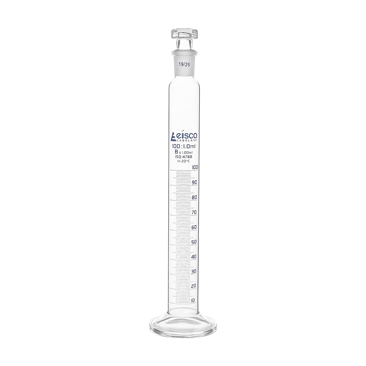 EISCO Graduated Cylinder, 100mL - Class B - 19/26 Polypropylene Stopper - Round Base, Blue Graduations - Borosilicate Glass