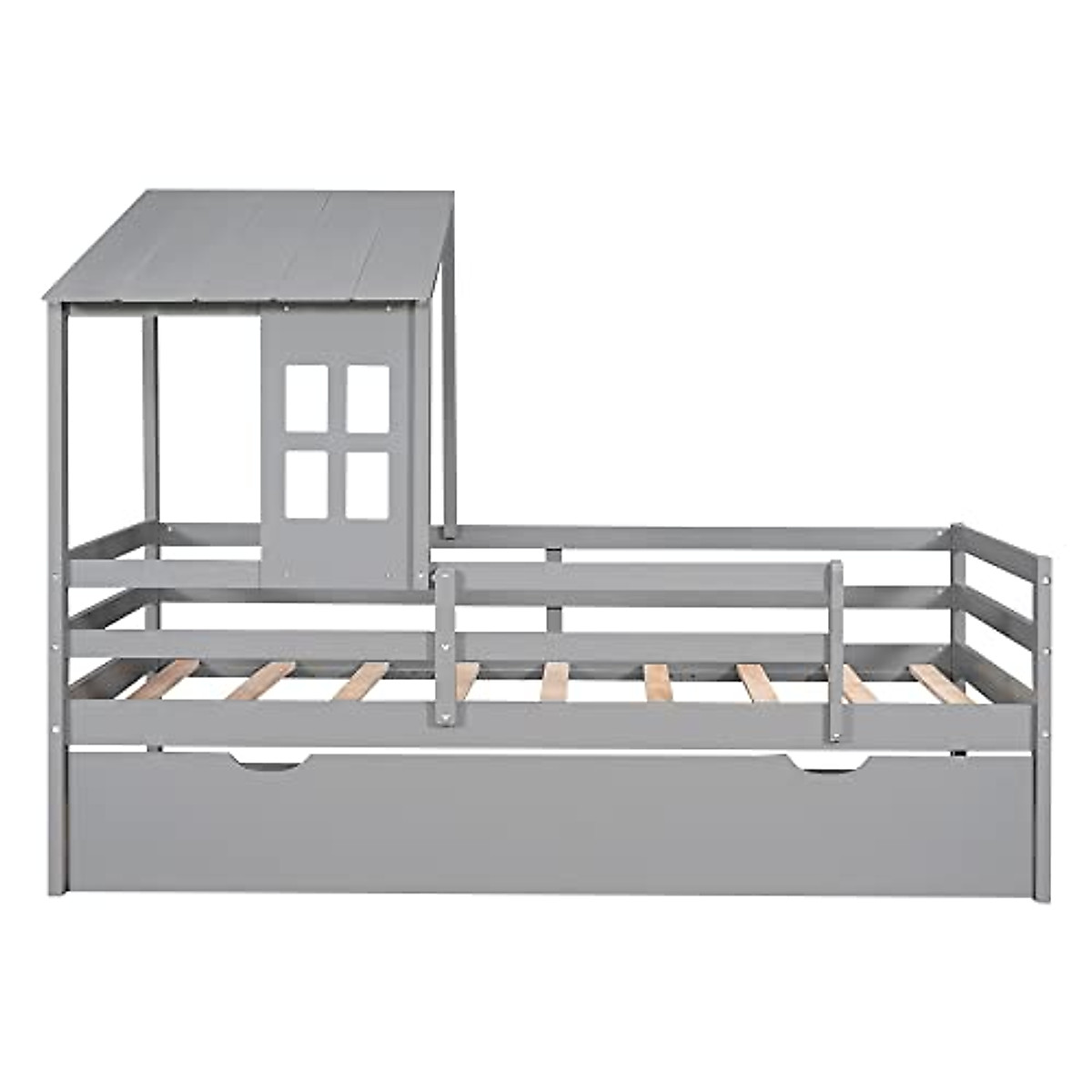 DHHU House Bed with Trundle, Window and Roof, Twin Size Low Loft Bed with Trundle, Wooden Bed Frame for Boy Girl Kids Toddler, Grey