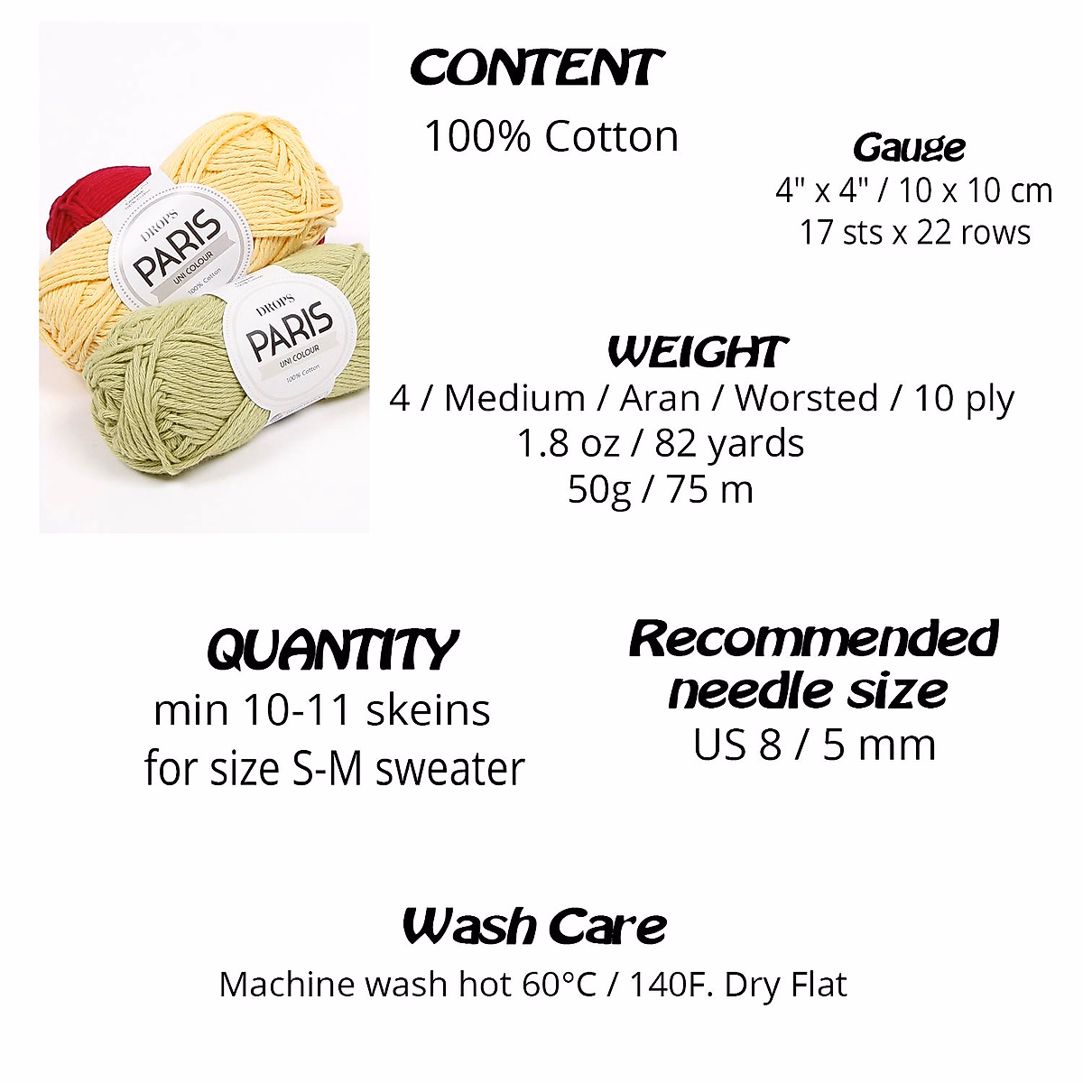 100% Cotton Knitting and Crochet Yarn, 4 or Medium, Aran Weight, Drops Paris, 1.8 oz 82 Yards per Ball (41 Mustard)