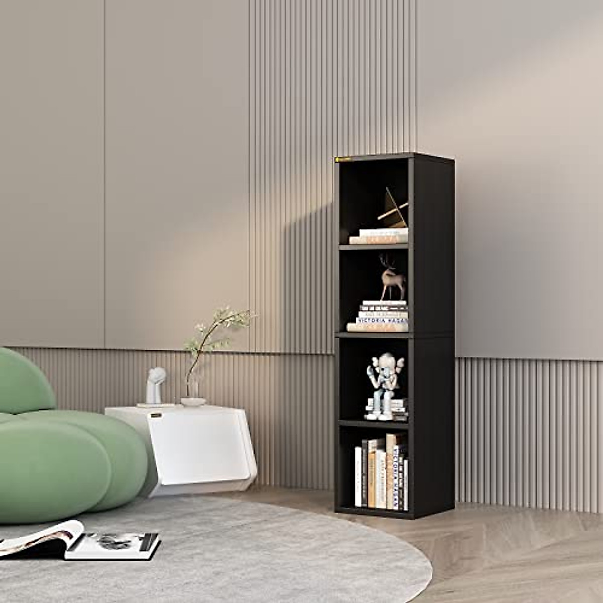 NEWSENDY Modern 4-Tier Open Bookcase and Bookshelf, Floor Standing Bookcase Storage Shelves, Wooden Cube Storage Shelf for Home Office, Living Room, Bedroom, Black
