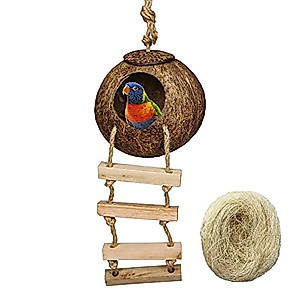 Hanging Bird House with Ladder,Natural Coconut Fiber Shell Bird Nest Breeding for Parrot Parakeet Lovebird Finch Canary,Coconut Hide Bird Swing Toys for Hamster,Bird Cage Accessories,Pet Bird Supplies