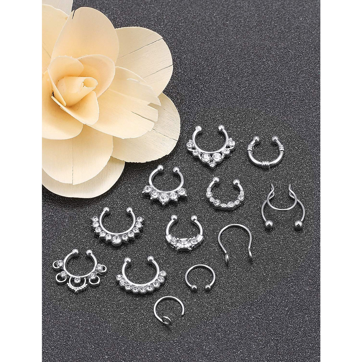 Jenxnjsjo Fake Septum Piercing Rings Non Pierced Faux Piercings Jewelry for Women Men Round Sun Stainless Steel Clip On Fakes Septums Nose Ring Hoop Cuffs
