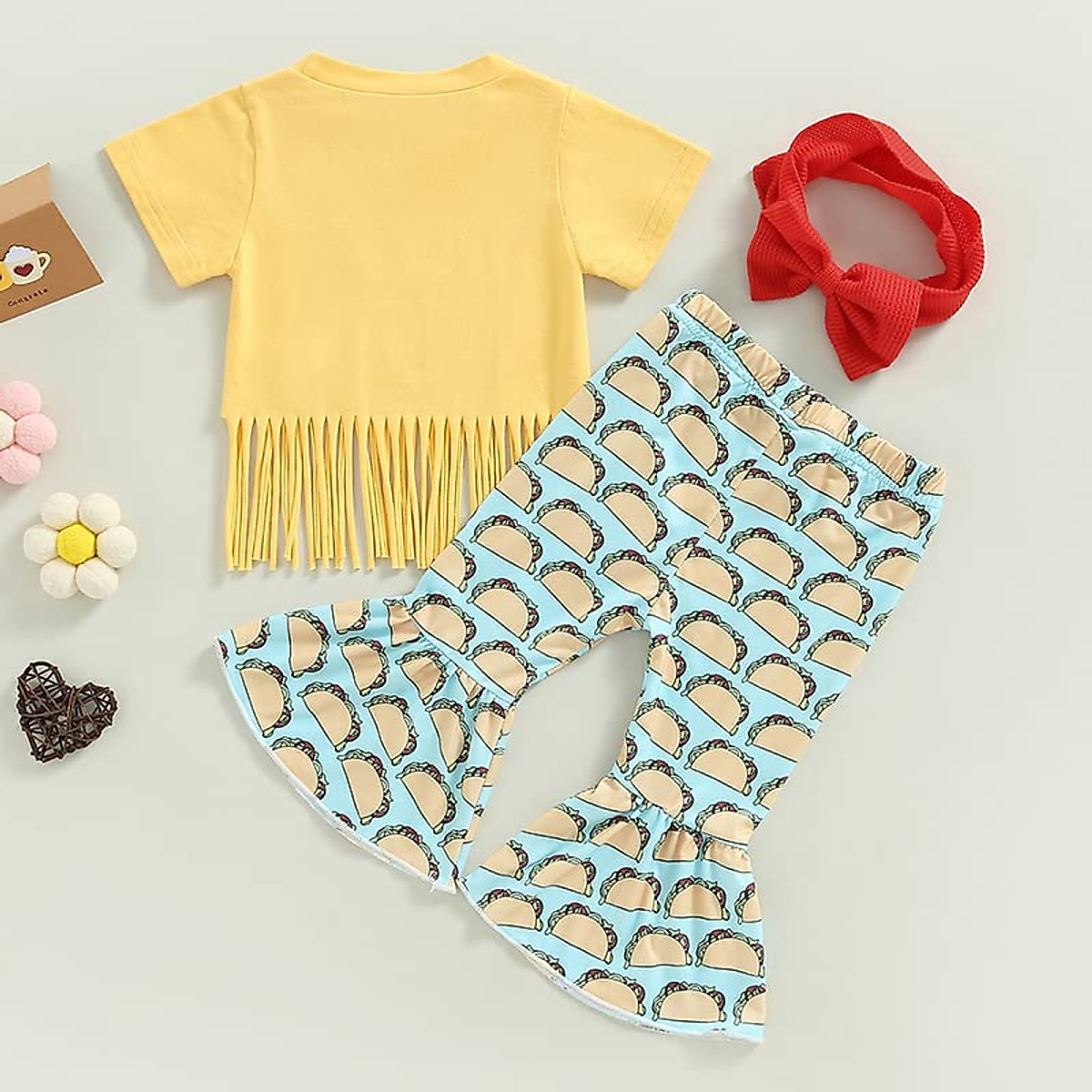 Toddler Baby Girl Summer Clothes Short Sleeve Tshirt Tassel Top Bell Bottoms Pants Spring Outfit Boho Clothing (Yello-Tacos Nacho,6-12 Months)