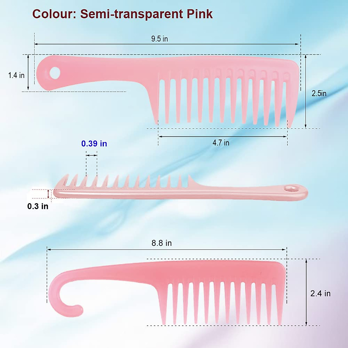 2 PCS Ancgreen Wide Tooth Comb Detangling Comb Shower Comb with Hook Hair Comb Brush for Women Curly/Wet/Dry/Long/Thick Hair (Pink)