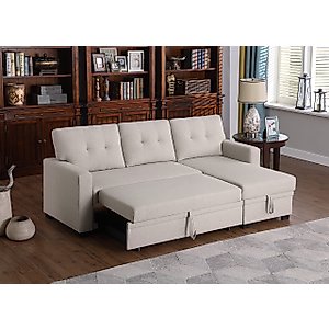 L Shaped Convertible Sleeper Sectional Sofa with Storage Chaise and Pull-Out Bed, Linen Upholstered Reversible Corner Couch w/Detachable Backrest for Living Room, Apartment, 3 Seater Home Furniture