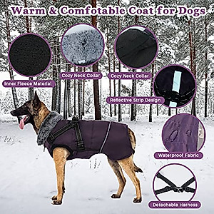 Dog Winter Coat with Harness, Windproof Warm Puppy Cold Weather Vest, Reflective Zip Up Pet Jacket, Water-Resistant Doggie Snow Clothes, Soft Fleece Lining Pup Apparel Thick Plush Collar Outfit(L)