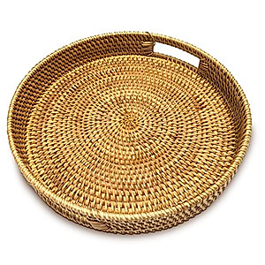 Sun Farm Home - Round Rattan Tray - 11.8 in x 1.7 in Hand Woven Tray with Built-in Handles Rustic Décor and Round Serving Tray for Coffee Table Tray, Ottoman, and Kitchen