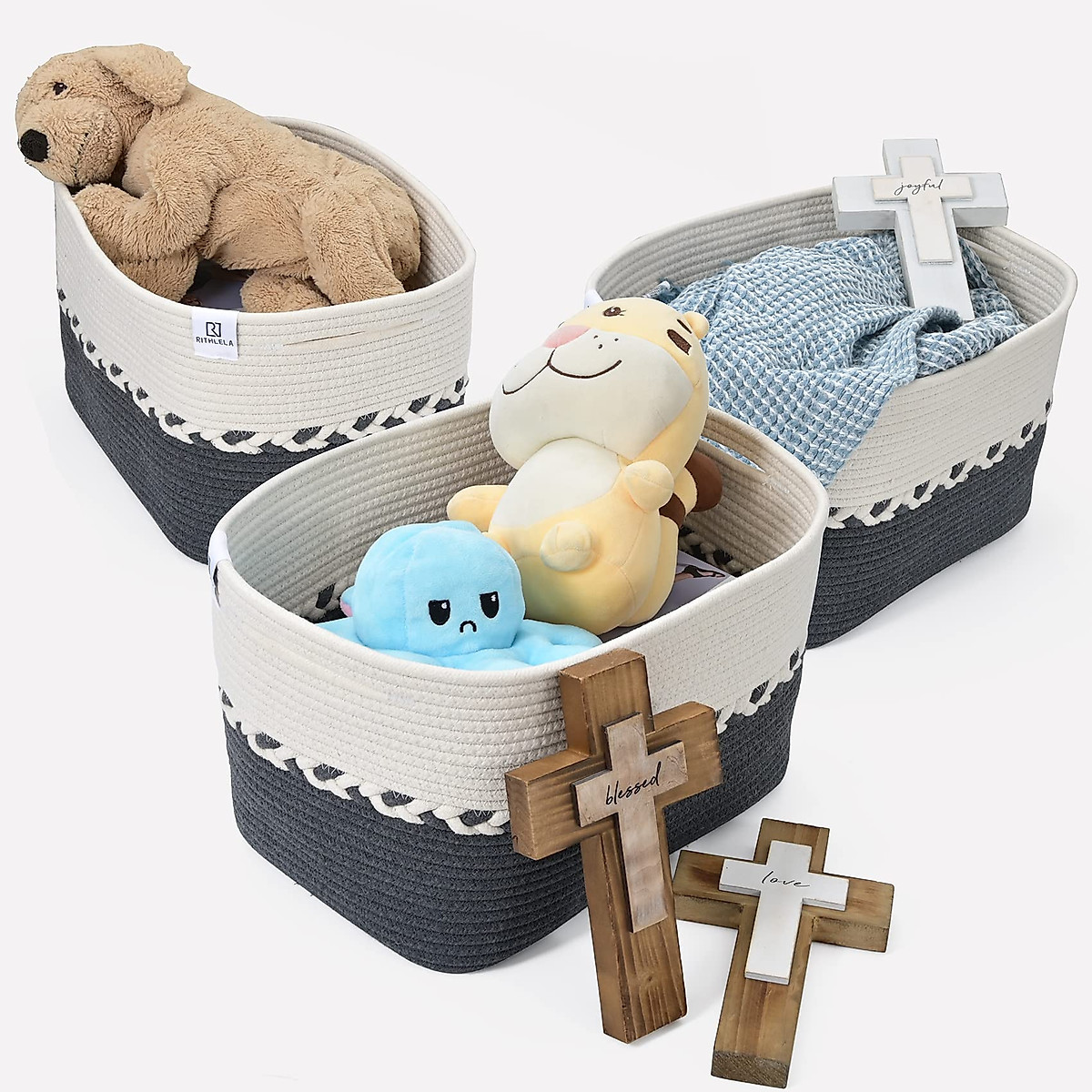 RITHLELA Cotton Rope Cube Shelf Storage Baskets Set of 3, Woven Baskets Fabric Bins Cat Toy Baskets Shelves Nursery Basket for Bathroom Bedroom Dark Grey & White 15"x10"x9" Design