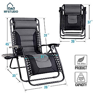 MFSTUDIO Zero Gravity Chairs, Patio Recliner Chair, Padded Folding Lawn Chair with Cup Holder Tray,Grey
