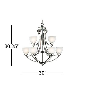Possini Euro Design Milbury Satin Nickel Chandelier 30" Wide Modern White Alabaster Glass 2 Tier 9-Light Fixture for Dining Room House Foyer Entryway Kitchen Bedroom Living Room High Ceilings