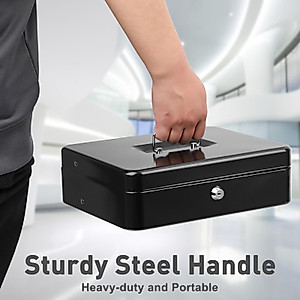 KYODOLED Locking Cash Box with Lock,Money Box with Cash Tray,Lock Safe Box with Key,Money Saving Organizer,11.81Lx 9.45Wx 3.54H Inches,Black XL Large