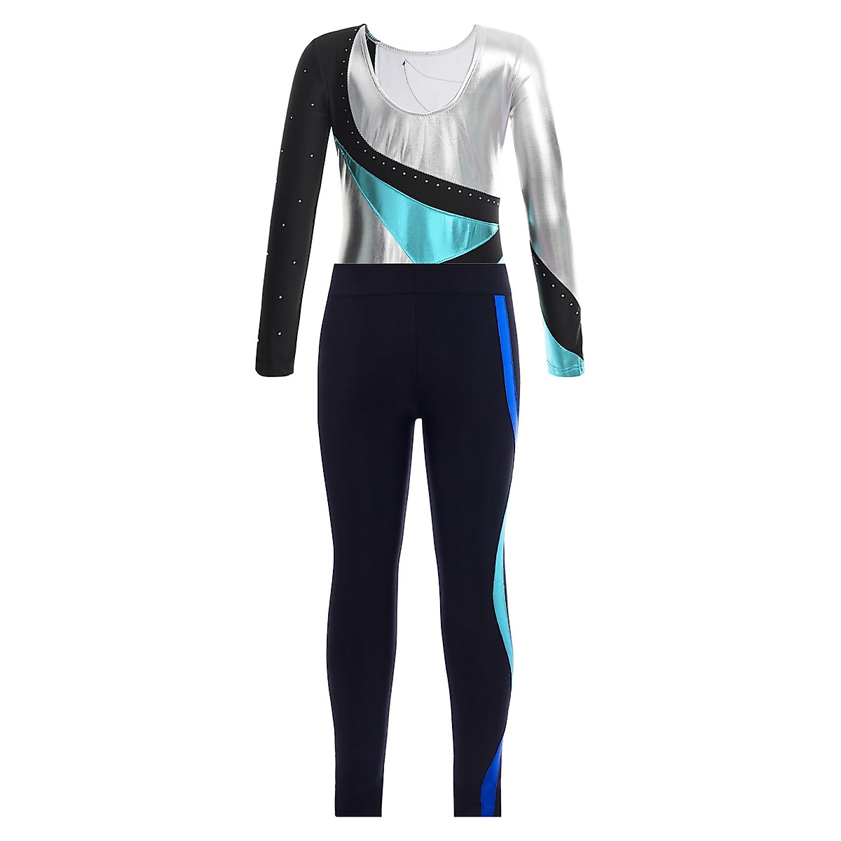 JEATHA Kids Girls Skating Dance Outfits Long Sleeve Gymnastics Leotard with Yoga Leggings Pants Set Activewear Blue A 12 Years