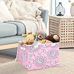 Kigai Storage Basket Pink Sun Moon Storage Boxes with Lids and Handle, Large Storage Cube Bin Collapsible for Shelves Closet Bedroom Living Room, 16.5x12.6x11.8 In