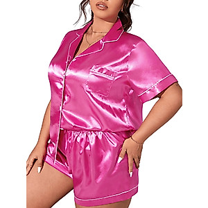 WDIRARA Women's Plus Sleepwear Satin Short Sleeve Shirt and Shorts Pajama Set Hot Pink 2XL