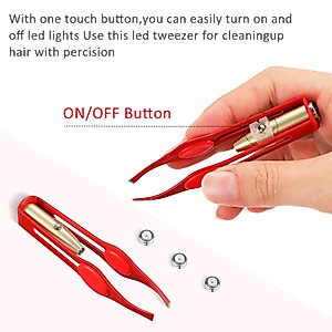 4 Pieces Tweezers with Light, Led Tweezers Stainless Steel Makeup LED Light Eyelash Eyebrow Hair Removal Illuminating Lighted Tweezers for Men and Women (Black, Red, Rose Red, Dark Blue)