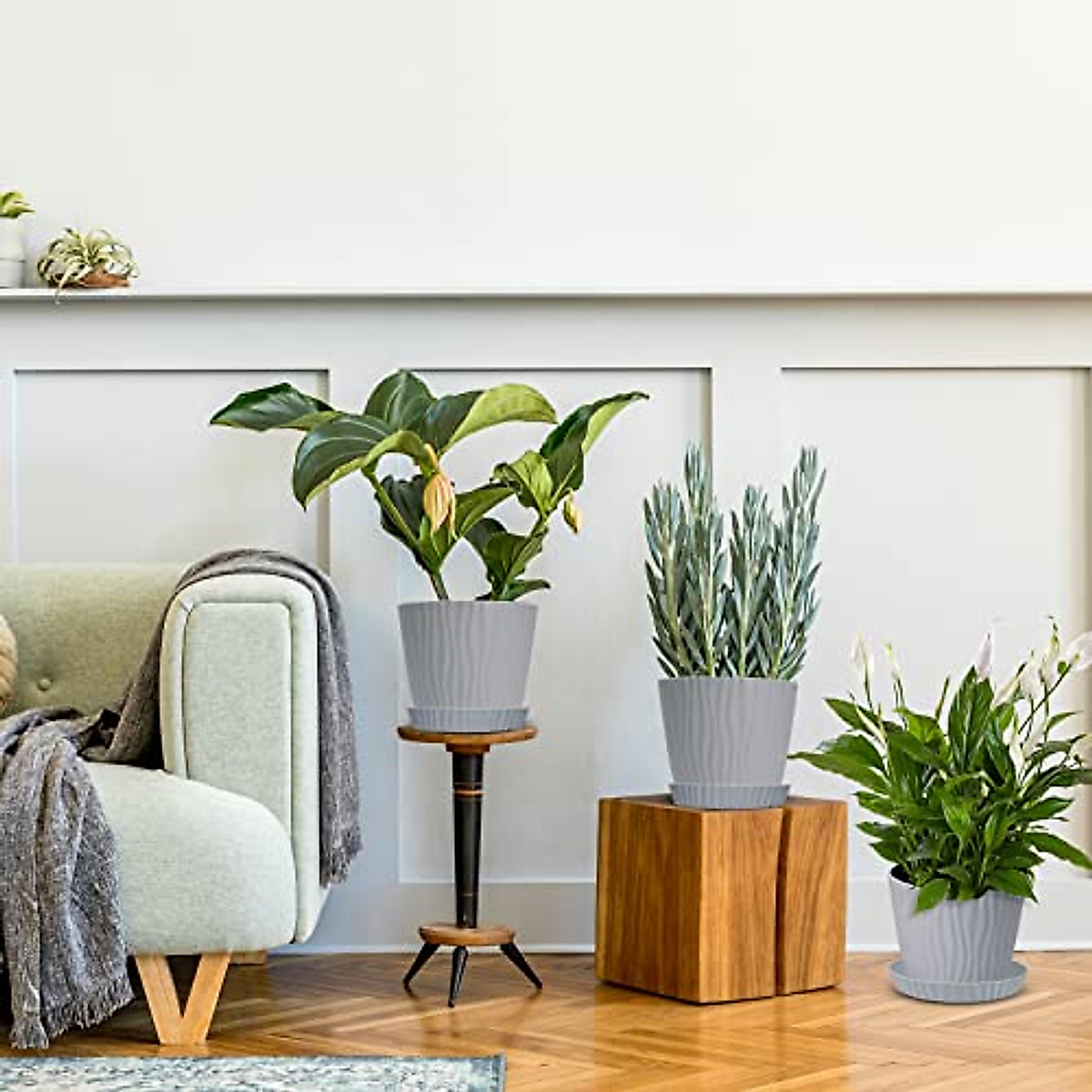 Whonline Plastic Flower Pots, 6 Pack, 7 Inch Gray Pots for Planting with Drainage Holes and Saucers, Decorative Flower Pots for Indoor Plants Outdoor Clearance