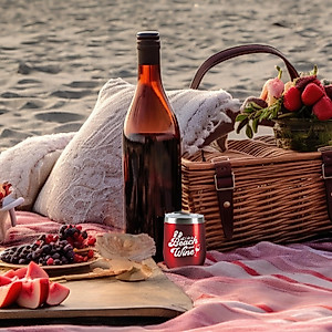 Chris's Stuff 12 oz Wine Tumbler - Iced Coffee Mug with Splash-Proof Lid Stainless Steel Double Wall Vacuum Insulated with Inner Layer Copper Keep Drinks Cold/Hot - Quote: Beach and Wine (Red)