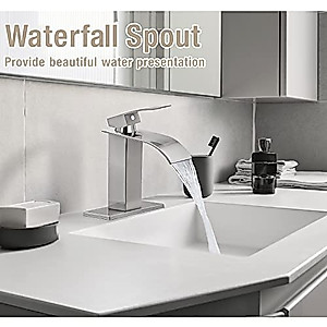 DJS Waterfall Single Handle Modern Bathroom Faucet, Brushed Nickel, 1 or 3 Hole Bathroom Sink Faucet Mixer Tap Washbasin, Faucet with Deck, Pop-up Drain and Supply Hoses