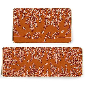 GEEORY Fall Kitchen Mats, Set of 2 Leaves Hello Fall Floor Mat Farmhouse Seasonal Holiday Party Decorative Home 17x29 and 17x47 Inch (Orange) GK066