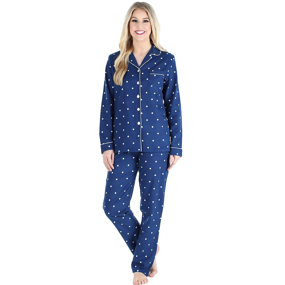 PajamaMania Women's Cotton Flannel Long Sleeve Button-Down Pajamas PJ Set, Navy Polka Dot, Medium