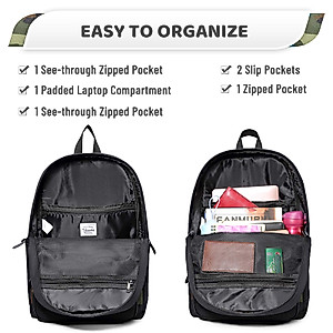 VASCHY School Backpack, Water Resistant Lightweight Casual Backpack for Men Women with Padded Laptop Sleeve Black & Camo