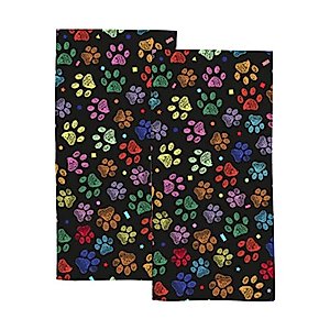 Hand Bath Towels 2 Pack Doodle Colorful Paw Print Absorbent Face Fingertip Towels for Bathroom Kitchen Gym Spa Soft Hair Drying Cloth Quick Dry, 30 x 15 Inch