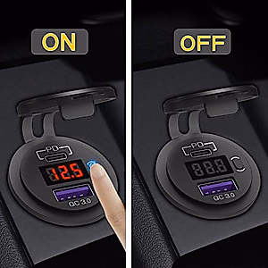 12V USB C Car Charger Socket, Ouffun Dual PD & QC 3.0 Ports 12V USB Car Outlet Adapter with Button Switch, lPhone Fast Charger with 23.7 Inches Wire for Car Boat Marine Bus Golf Cart RV Motorcycle