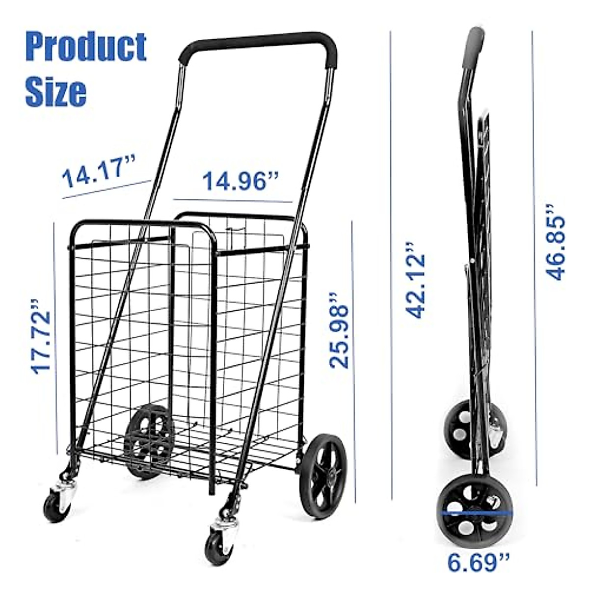 MaxWorks 50683 70 lb. Capacity Folding Shopping Cart with Swivel Wheels Improved Design Easy To Install Wheels