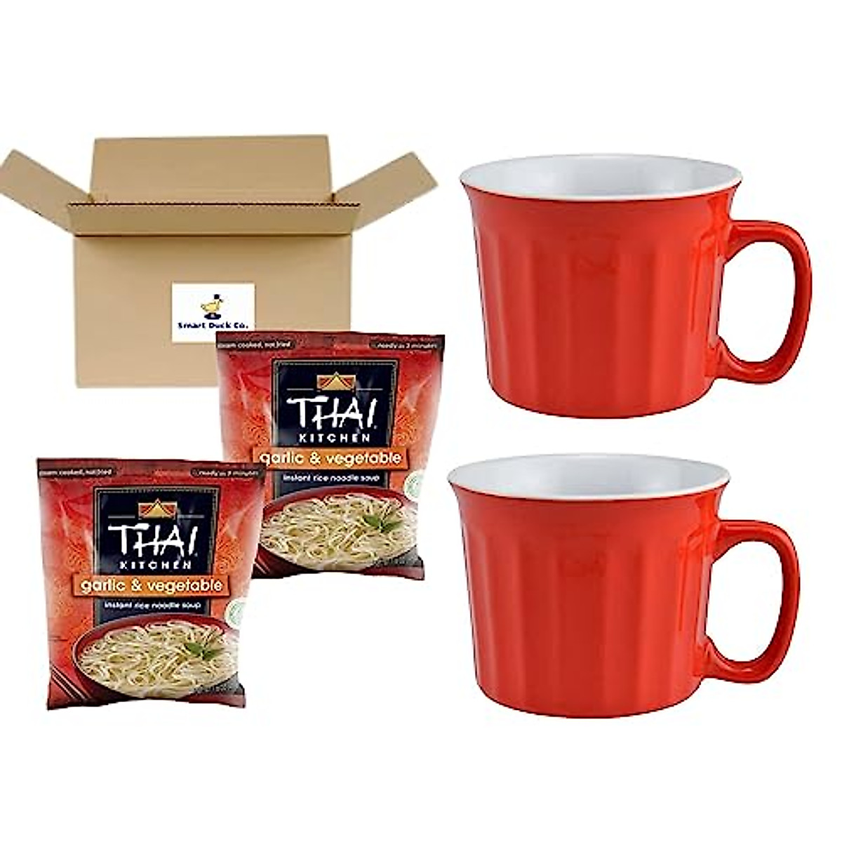 Soup Mug Bundle With 2 Large Red Mugs And 2 Thai Kitchen Noodle Soup Packets