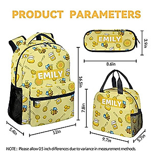 PAKKITOP Custom Bee Backpack with Lunch Box and Pencil Case Set, Personalized 3 in 1 Matching Kids Girls Yellow Backpacks Combo, Cute School Bookbag and Pencil Case Bundle
