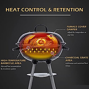 BBQ Kettle Charcoal Grill Outdoor Portable Grill Backyard Cooking Stainless Steel for Standing & Grilling Steaks, Burgers, Backyard Pitmaster & Tailgating (18" Black)