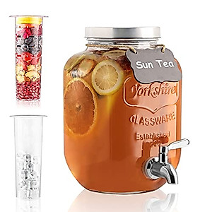 1 Gallon Drink Dispenser with Spigot 18/8 Stainless Steel – Airtight & Leakproof Glass Sun Tea Jar with Anti-Rust Lid, Beverage Dispenser for Parties – Include Ice Cylinder and Fruit Infuser