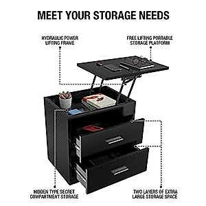YOURLITE 2 in 1 Upgrade Nightstand with Lifting Top and End Table, Bedside Desk Height Adjustable Laptop Table with 2 Drawer Storage Cabinet Removable End Table for Bedroom, Home (Black)