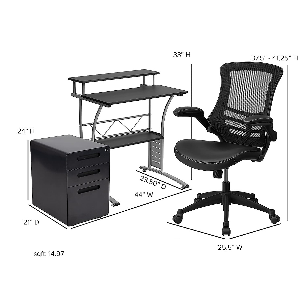Flash Furniture Work From Home Kit - Black Computer Desk, Ergonomic Mesh/LeatherSoft Office Chair and Locking Mobile Filing Cabinet